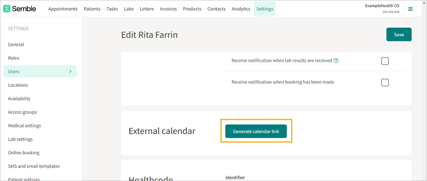 User Calendar Settings